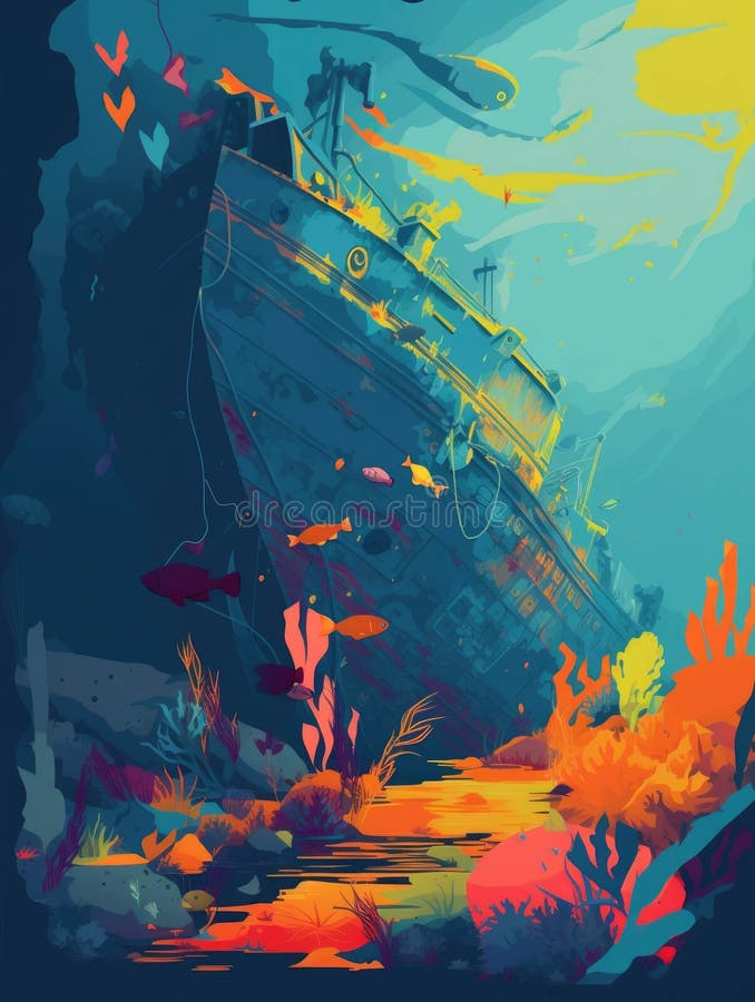An Underwater View of a Vibrant Shipwreck. Stock Illustration ...