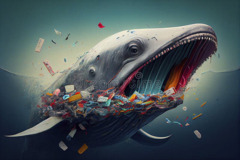 Whale and the Plastic Garbage in the Ocean,Generative AI Illustration ...