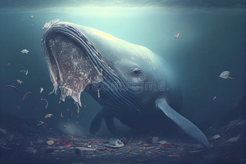 Whale and the Plastic Garbage in the Ocean,Generative AI Illustration ...