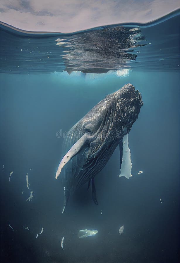 Whale and the Plastic Garbage in the Ocean,Generative AI Illustration ...
