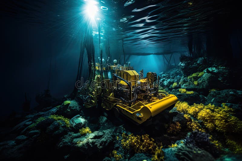 Underwater View of a Yellow Excavator in the Deep Blue Sea, a Seabed ...