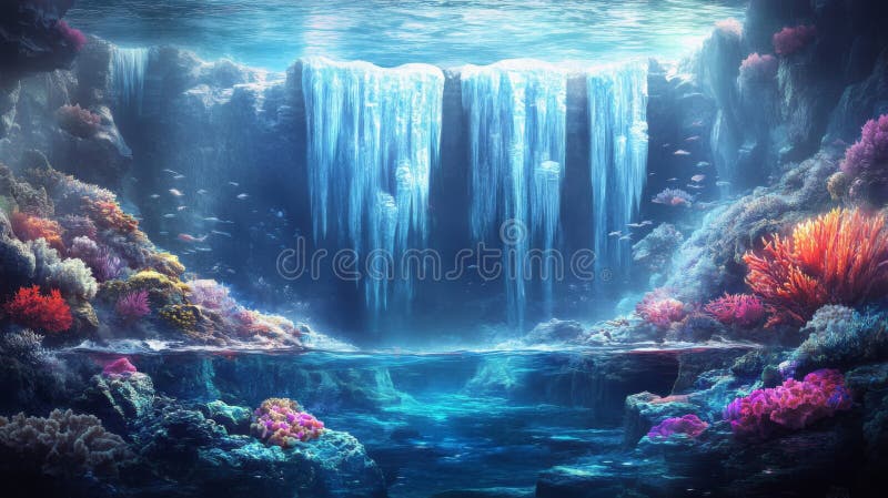 Underwater Waterfall and Vibrant Coral Reef Scene Stock Illustration ...
