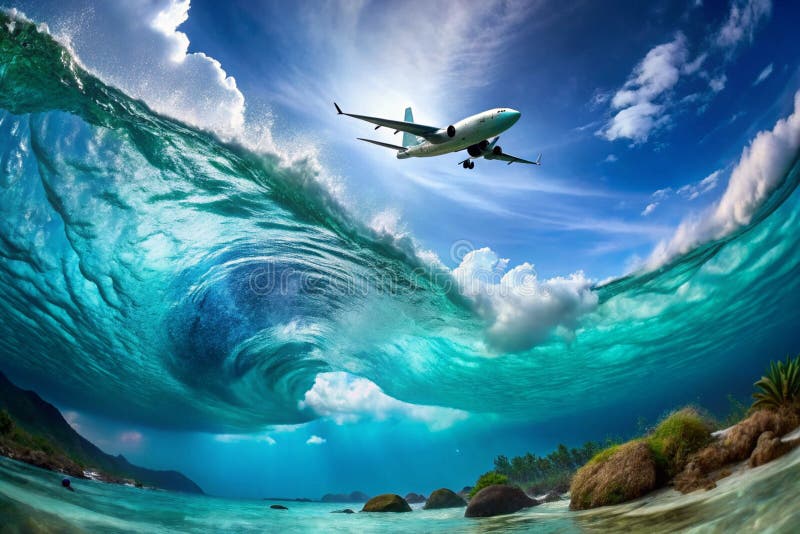 Underwater Wave Surface with Airplane on Blue Sky Stock Illustration ...