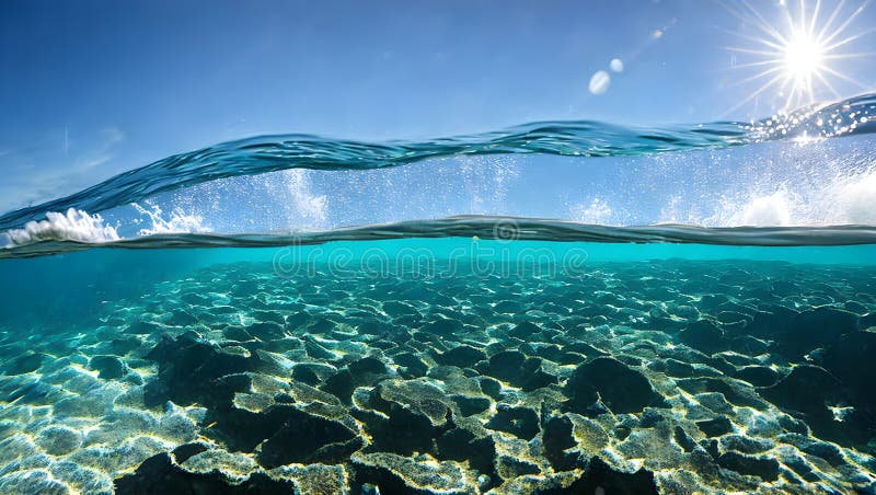 Blue Sea Wave Surface Background. Underwater View Wave on Sea Surface ...