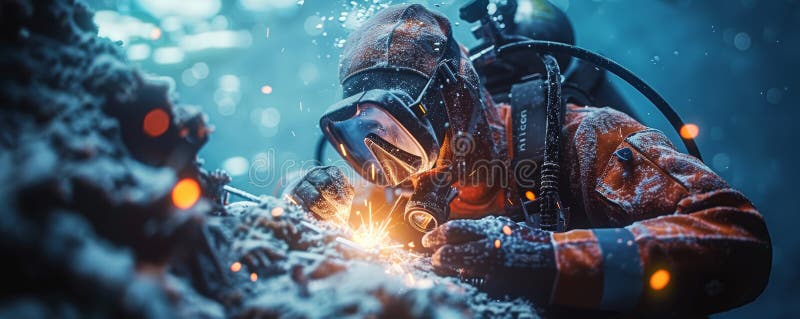 Underwater Welder in Action Professional Diver Performing Welding Work ...