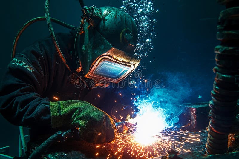Underwater Welding Process Featuring a Professional in Protective Gear Stock Illustration ...