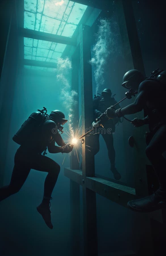 Underwater Welding Professionals Work on Underwater Metal Structures in ...
