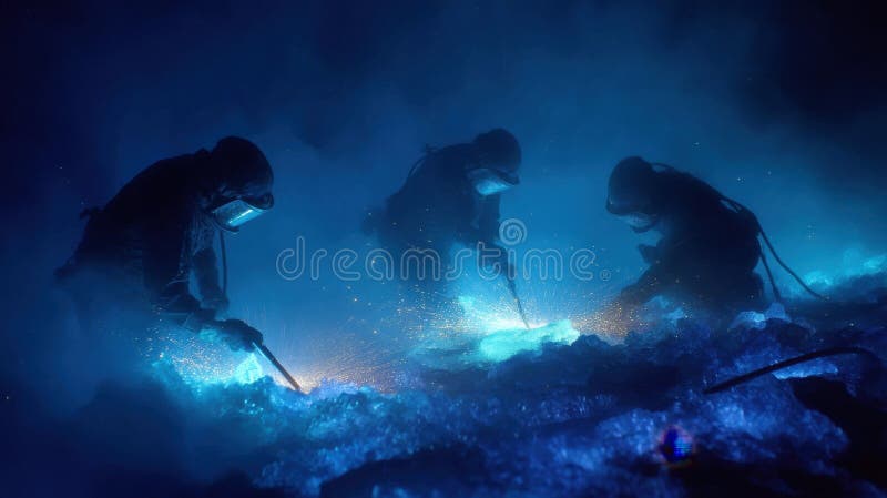 Underwater Workers Shaping Molten Basalt Glass with Welding Tools ...