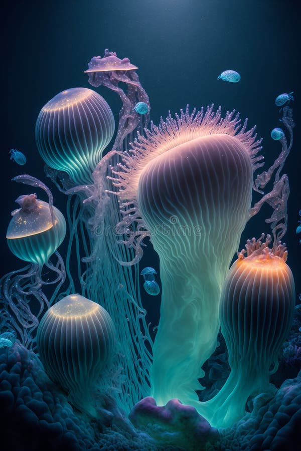 Underwater World of Bioluminescent Algae, Shells and Jellyfish Stock ...