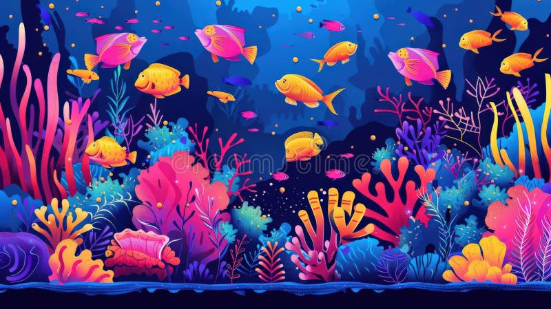 Underwater World, Colorful Fish and Corals, Flat Design Illustration ...