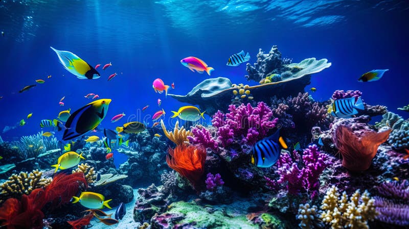 Underwater World with Coral Reefs and Multi Colored Fish Stock ...