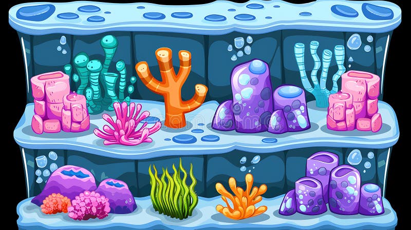 Underwater World with Corals and Algae. Vector Cartoon Illustration ...