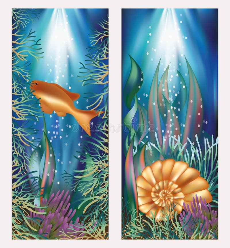 Underwater World Banner with Seahorse and Fish Stock Vector ...