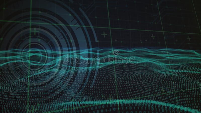 Undulating Digital Waveforms Flowing Over Circuit Grid, Overlaying ...