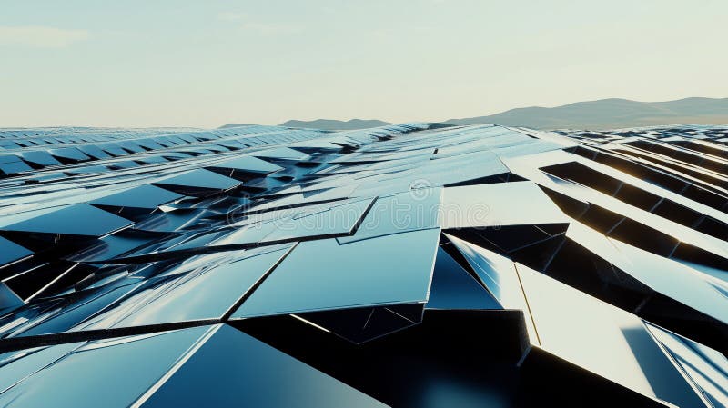 Undulating Solar Panel Field with Reflective Surfaces and Mountain ...