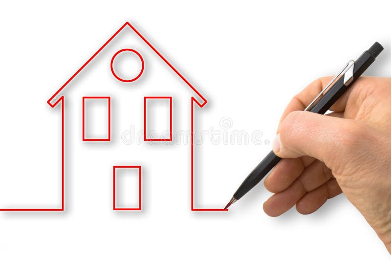 Une Main Dessine Le Contour D'une Maison Rouge Photo stock - Image du ...