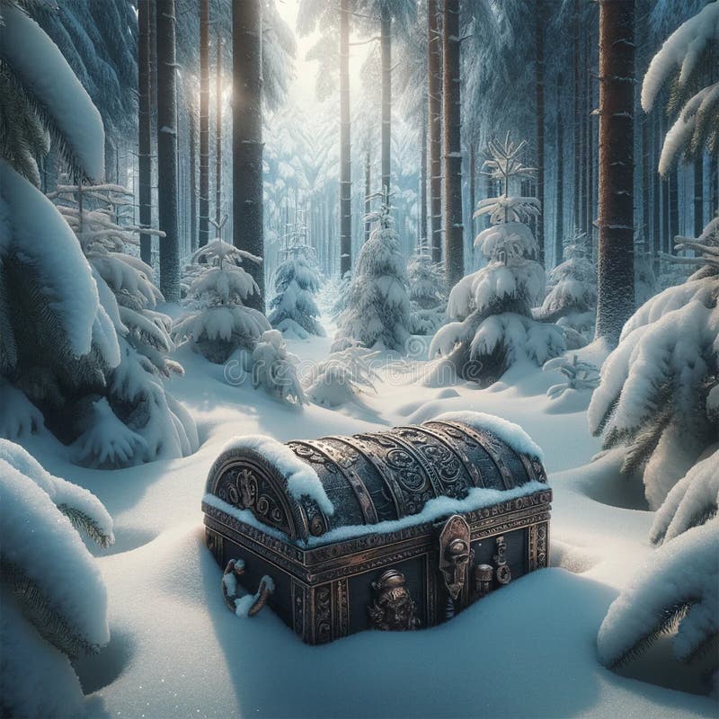 Hidden Treasure: Chest Buried in Enchanted Snow Forest Stock ...