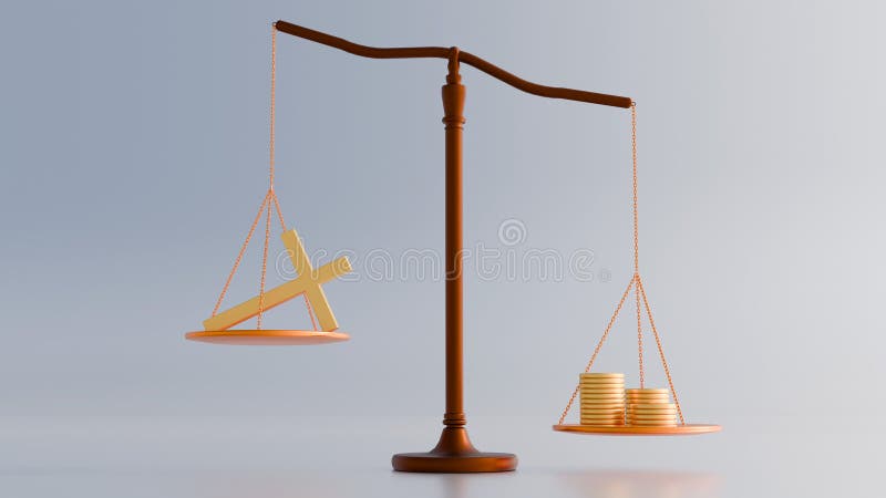 Uneven Scale with Cross and Pile of Gold Coins Stock Illustration ...