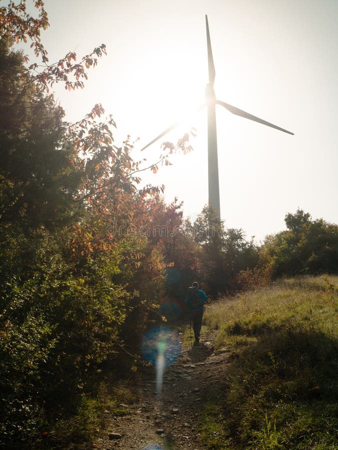 Wind Turbine on Our Path in Mountain Hike Stock Photo - Image of forest ...
