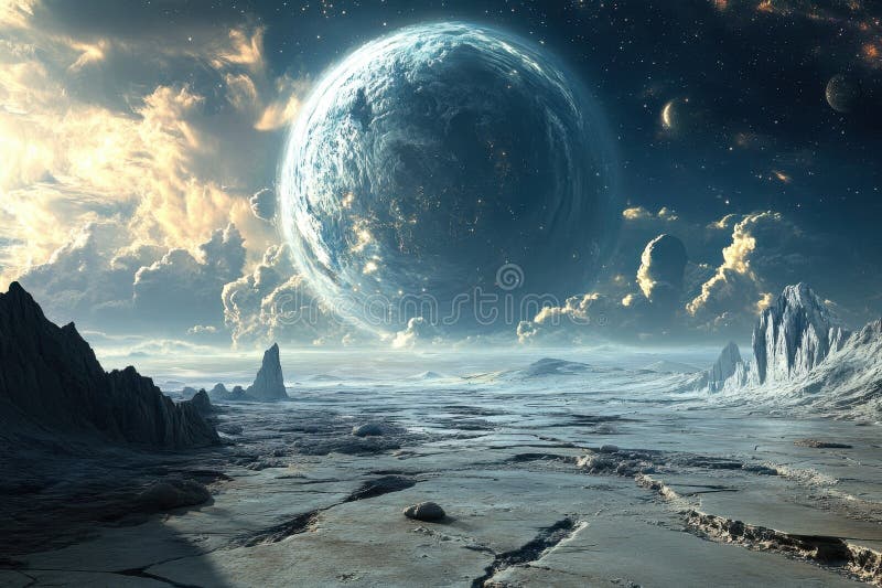 Unexplored Alien Landscape with a Giant Planet and Dramatic Clouds ...