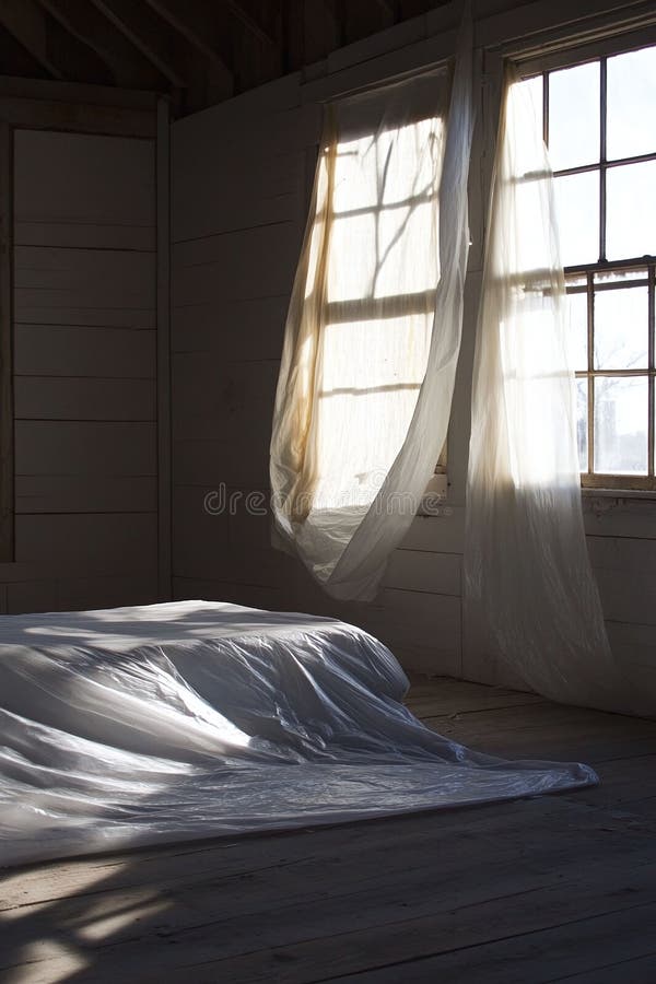 Unfinished Bedroom with Primed Walls and Large Plastic Sheets Covering ...