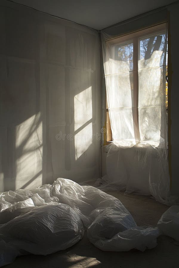 Unfinished Bedroom with Primed Walls and Large Plastic Sheets Covering ...