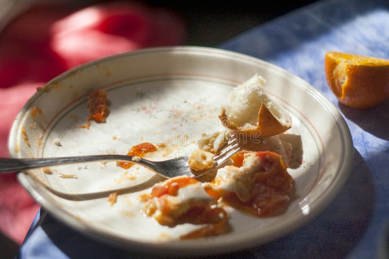 Unfinished Breakfast on a Plate Stock Photo - Image of sunlight, mess ...