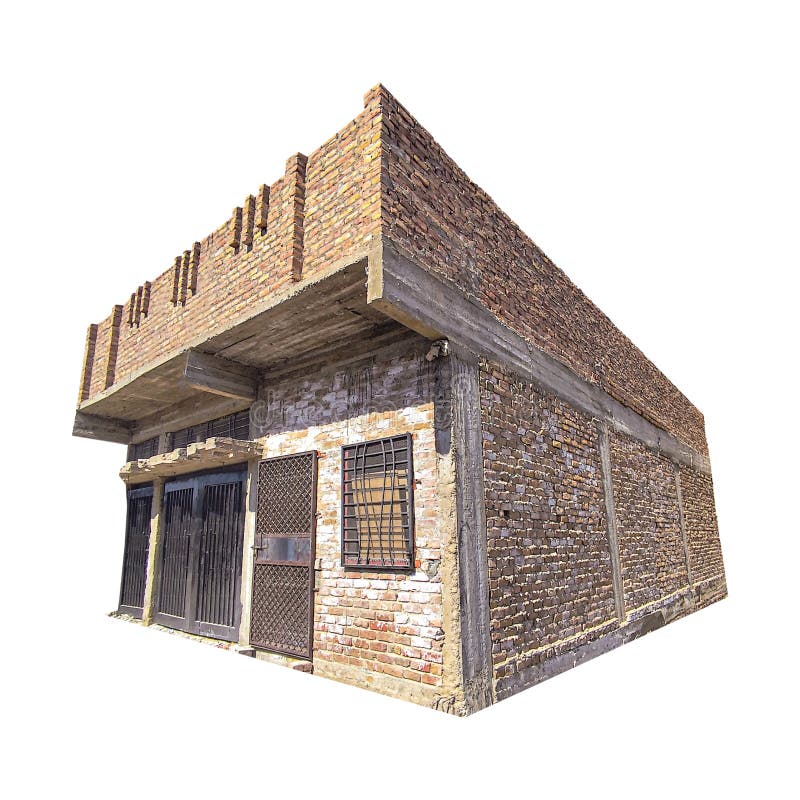 Unfinished Brick House Isolated on White Background with Metal Windows ...
