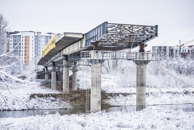 Unfinished Bridge Across the River Stock Photo - Image of machine ...
