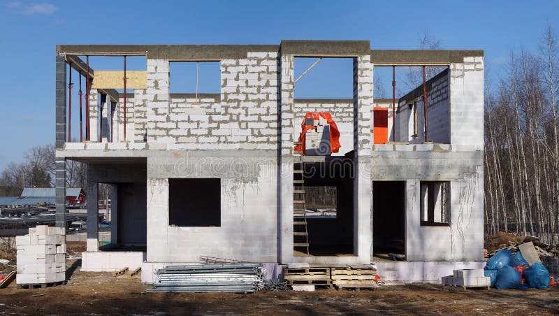 Unfinished Building Site of Rural House from White Bricks Stock Photo ...