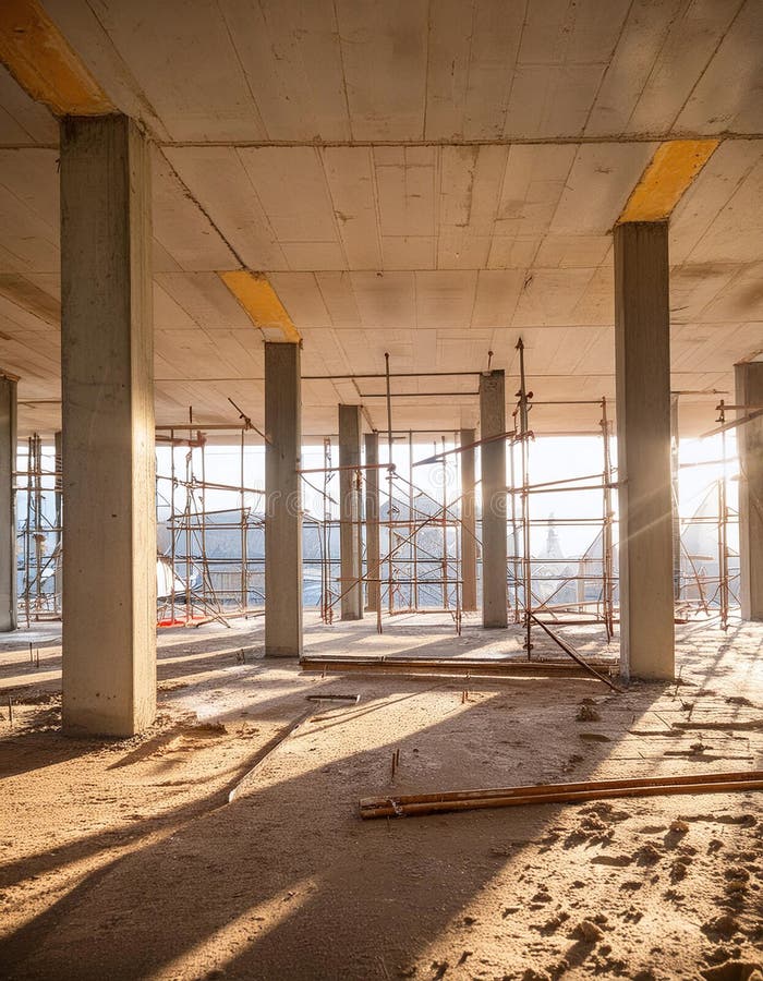 Unfinished Concrete Building Structure with Scaffolding, Bathed in Warm ...
