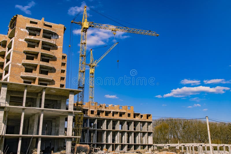 Unfinished Construction Building Process with High Crane Object Near ...