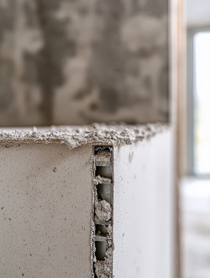 Unfinished Drywall Section with Exposed Concrete and Metal Frame. Stock ...