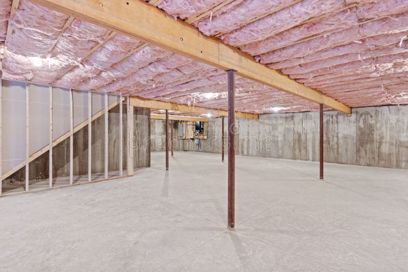 Unfinished Home Basement with the Ceiling and Concrete Walls Under ...