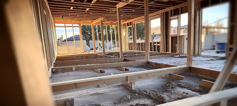 Unfinished Home Interior Under Construction with Wooden Framing and ...