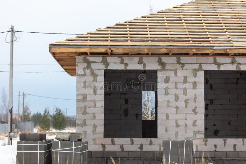 Unfinished House at a Construction Site in Winter Stock Photo - Image ...