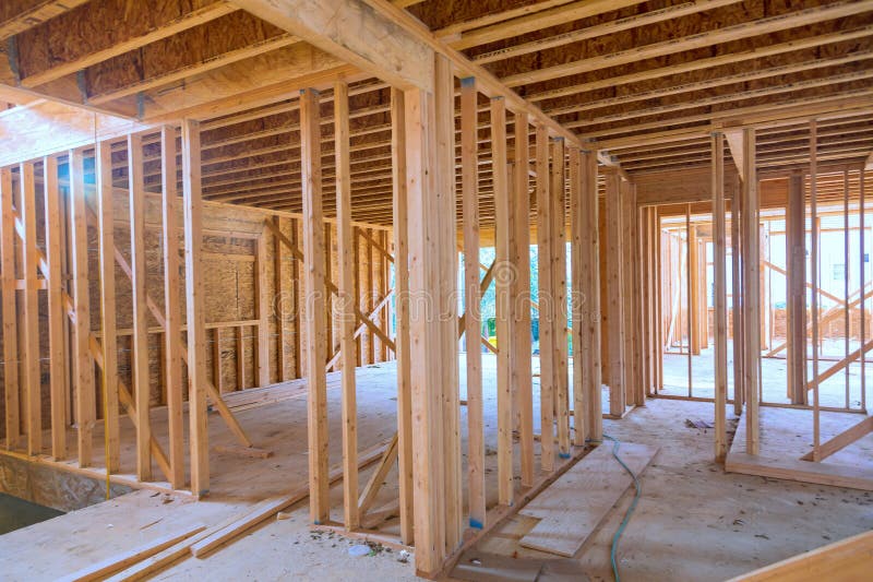 Unfinished House Construction with Wooden Framing Beams a Work in ...
