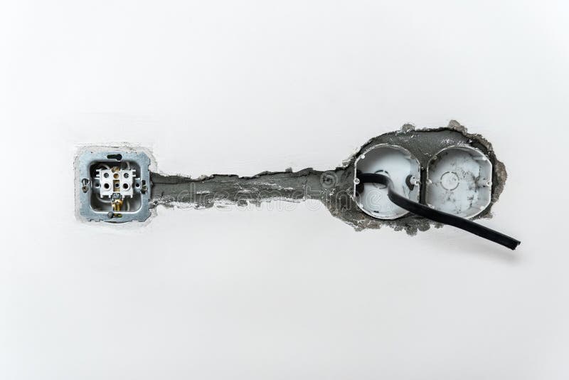 Unfinished Plastic Electrical Boxes and Switch Installed in Wall. Stock ...