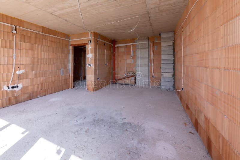 Unfinished Room Interior of Building Under Construction. Brick Red ...