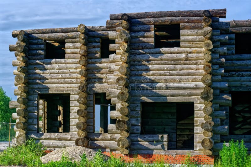 Unfinished Two Story Log House Stock Photo - Image of real, summer ...