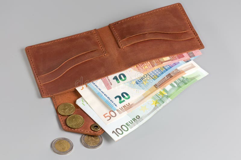 Unfolded Classic Brown Leather Wallet Banknotes Inside Coins Stock ...