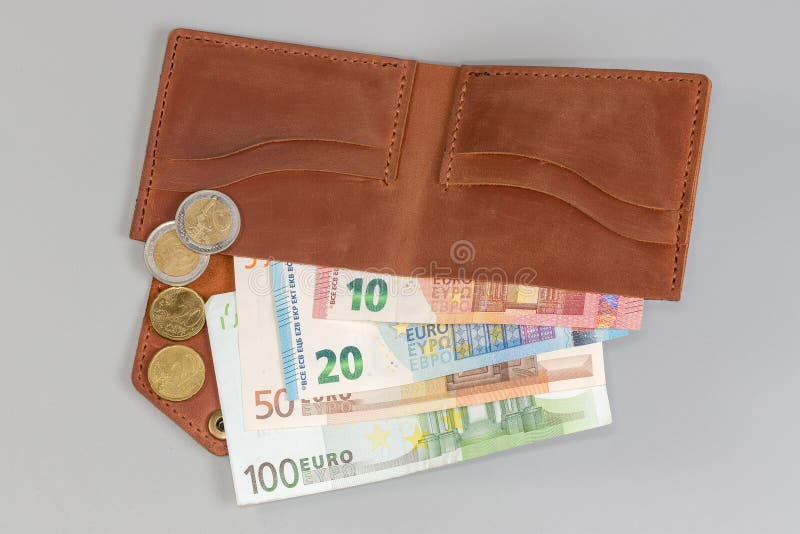 Unfolded Classic Brown Leather Wallet Banknotes Inside Coins Stock ...