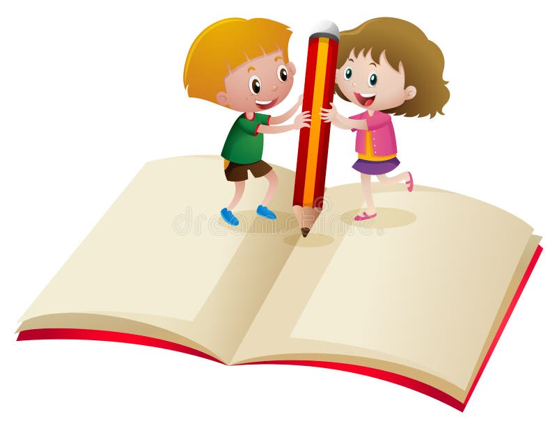 Barn som skriver och läser vektor illustrationer. Illustration av ...