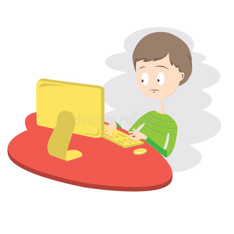 Child on His Desk in the Classroom Using the Computer. Student Boy at ...