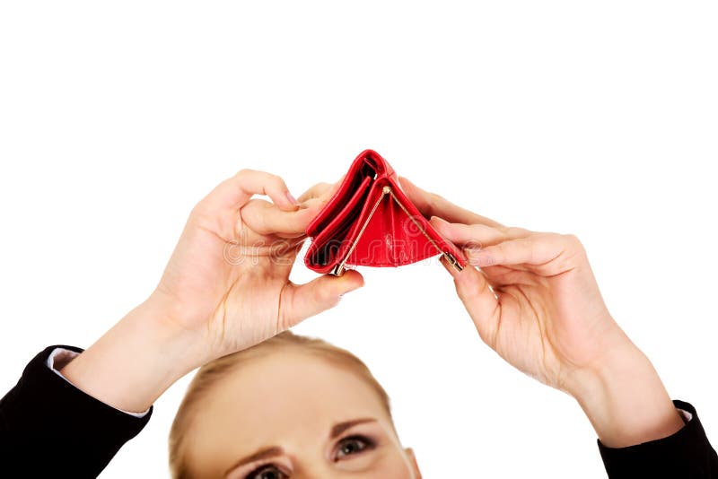 Unhappy Business Woman Looking into Her Empty Wallet Stock Image ...