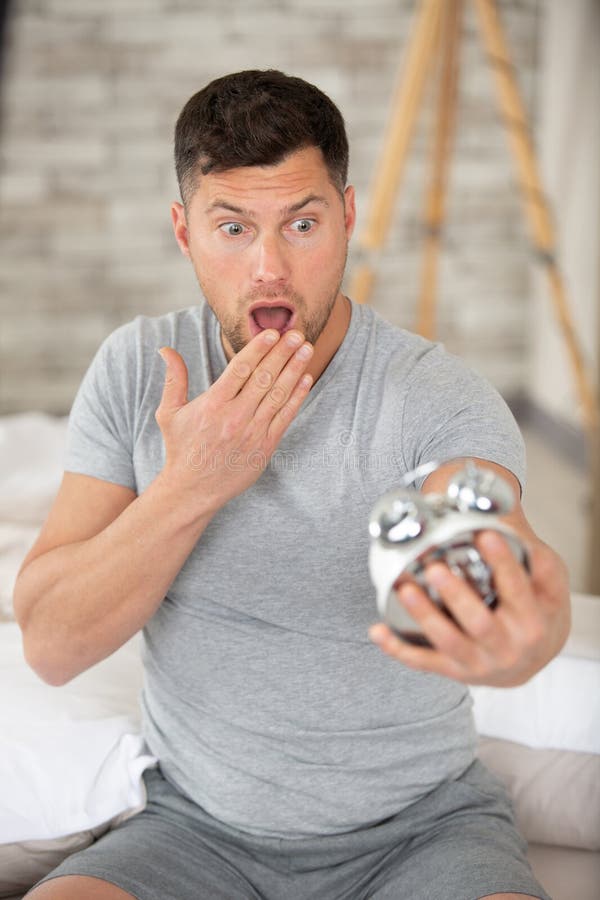 Unhappy Depressed Stressed Man Late Hold Clock Stock Image - Image of ...
