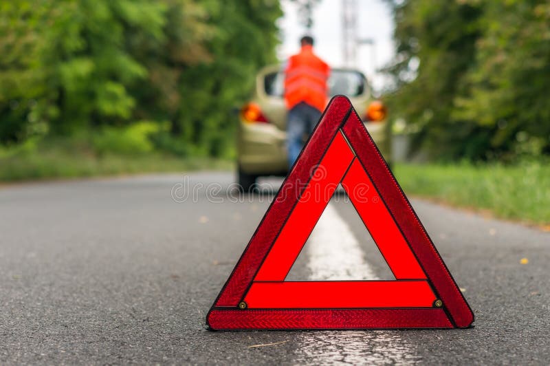 Broken Car on the Road and Unhappy Driver with Red Triangle Stock Image ...