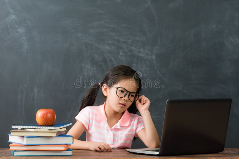 Unhappy Female Kid Student Looking at Laptop Stock Image - Image of ...
