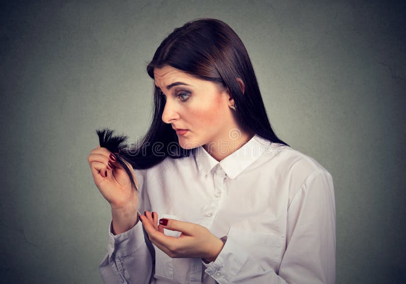 Unhappy Frustrated Woman Surprised She Is Losing Hair Noticed Split