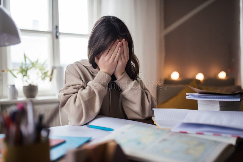 Unhappy Girl Doing Homework in Her Room. Stock Image - Image of desk ...